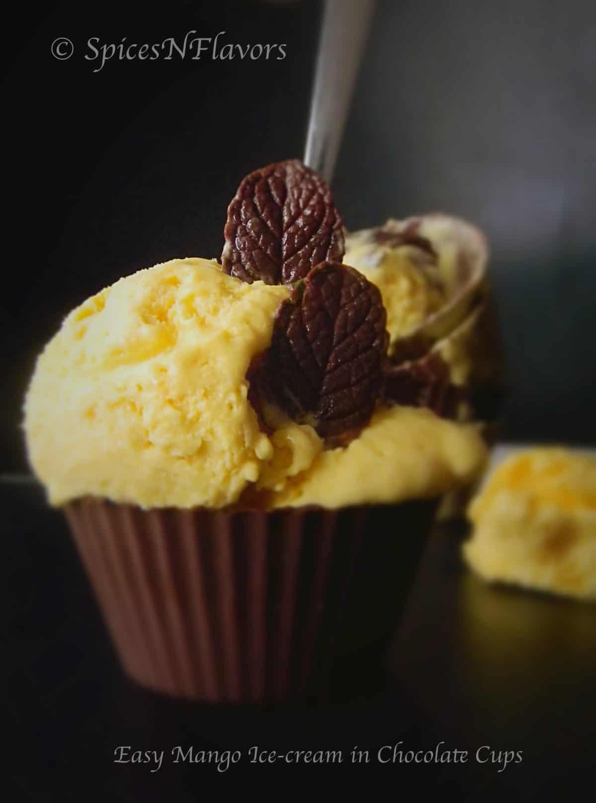 Easy Mango Ice-cream in Chocolate Cups - Spices N Flavors