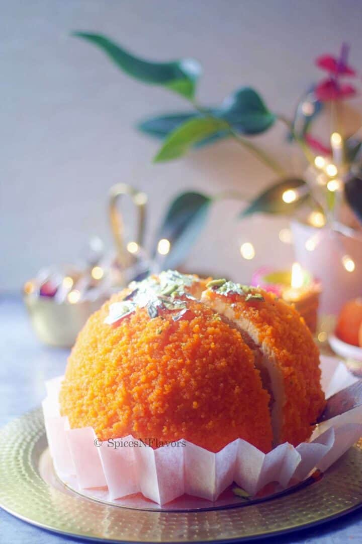 Eggless Motichoor Ladoo Rabdi Cake - Spices N Flavors