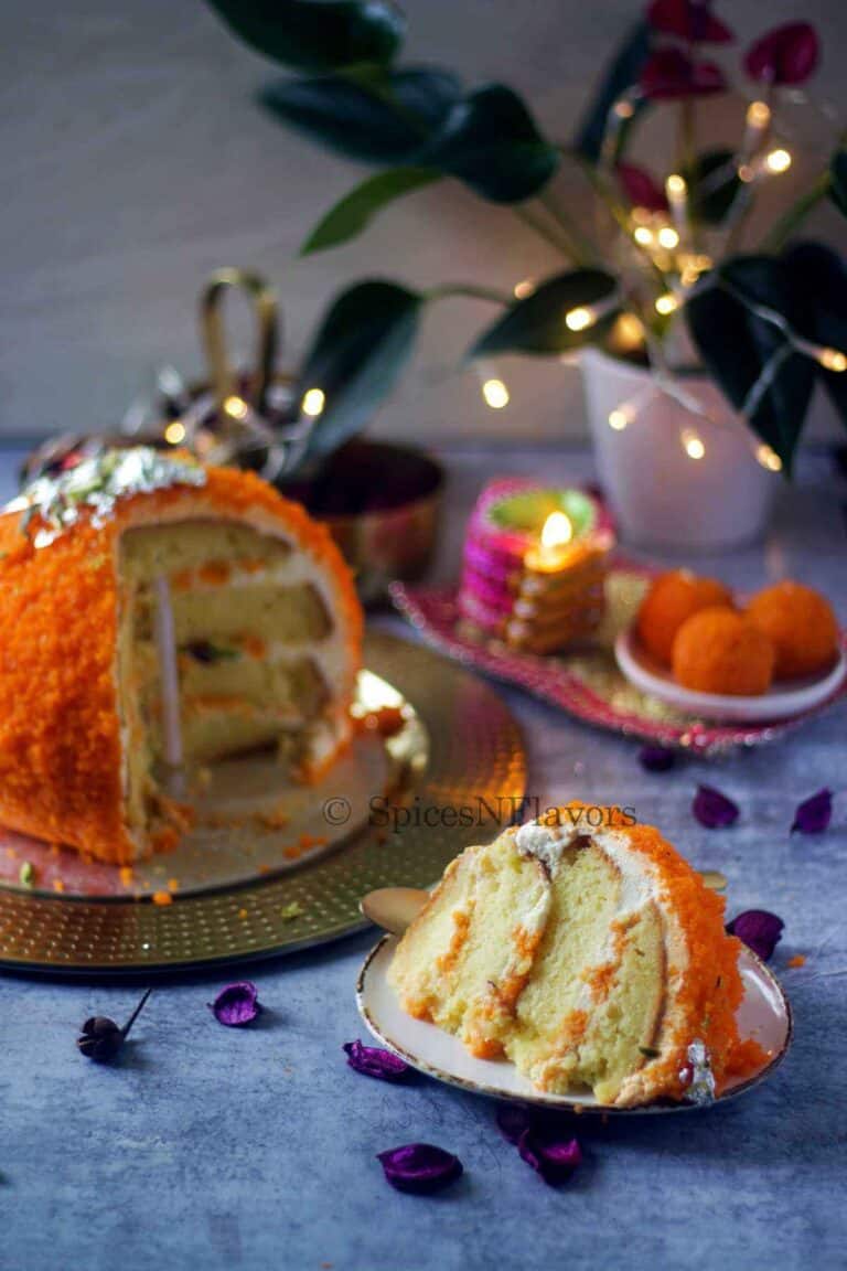 Eggless Motichoor Ladoo Rabdi Cake - Spices N Flavors