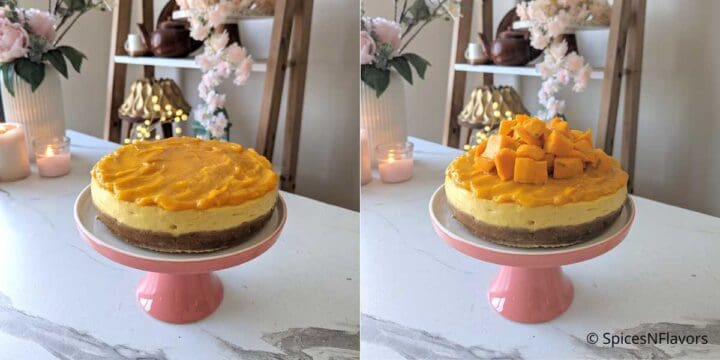 The Best Eggless Baked Mango Cheesecake recipe - Spices N Flavors